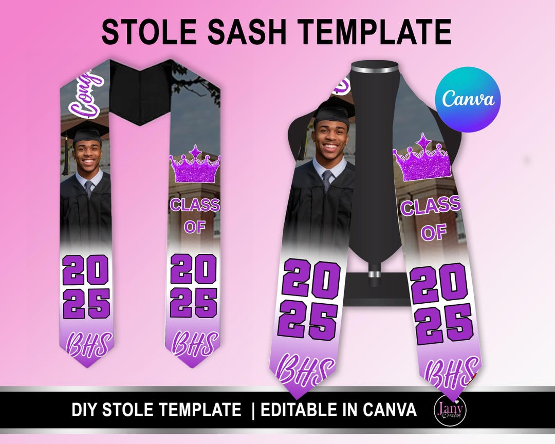 Purple Graduation Stole Sash, Blue or Any Color, Editable in Canva and ...