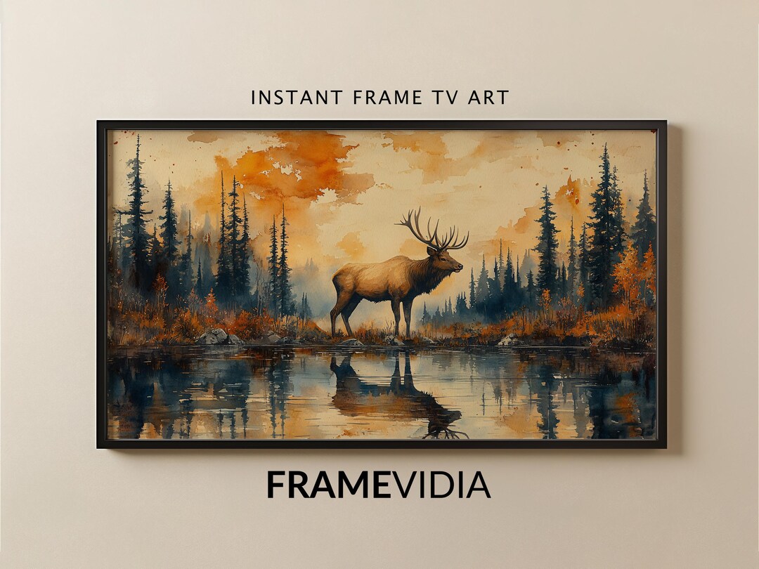 Moody Wilderness Elk Frame TV Art, Rustic Vintage Autumn Landscape ...