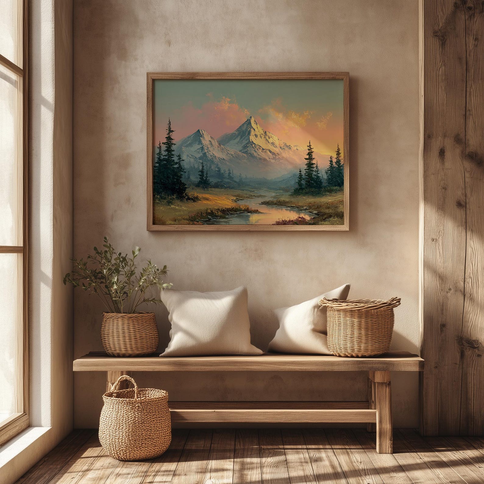 Rustic Snow-capped Mountain Peaks Painting - Cozy Valley Scene, Classic ...