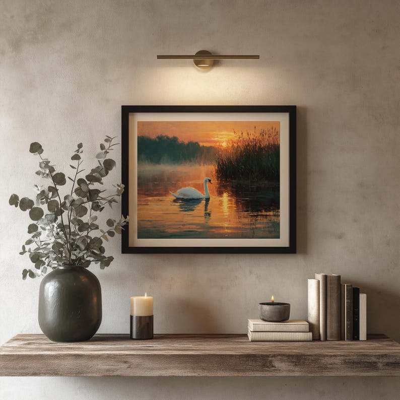 Printable Rustic Swan Lake Painting - Tranquil Cottagecore Art, Moody ...