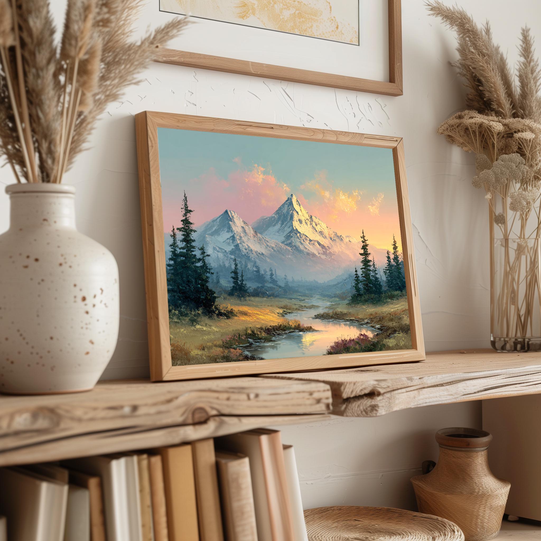 Rustic Snow-capped Mountain Peaks Painting - Cozy Valley Scene, Classic ...