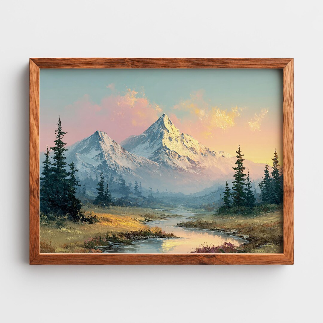 Rustic Snow-capped Mountain Peaks Painting - Cozy Valley Scene, Classic ...