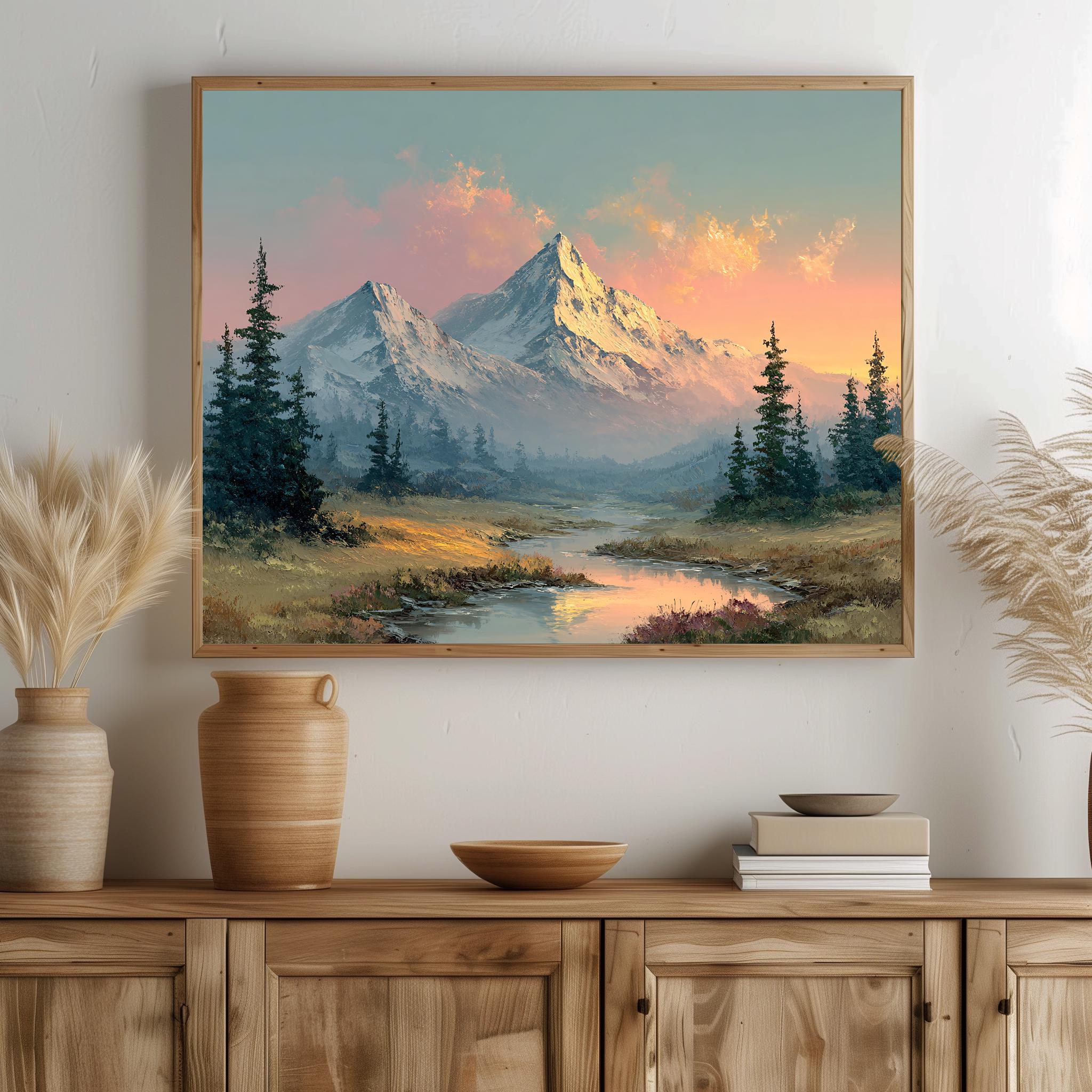 Rustic Snow-capped Mountain Peaks Painting - Cozy Valley Scene, Classic ...