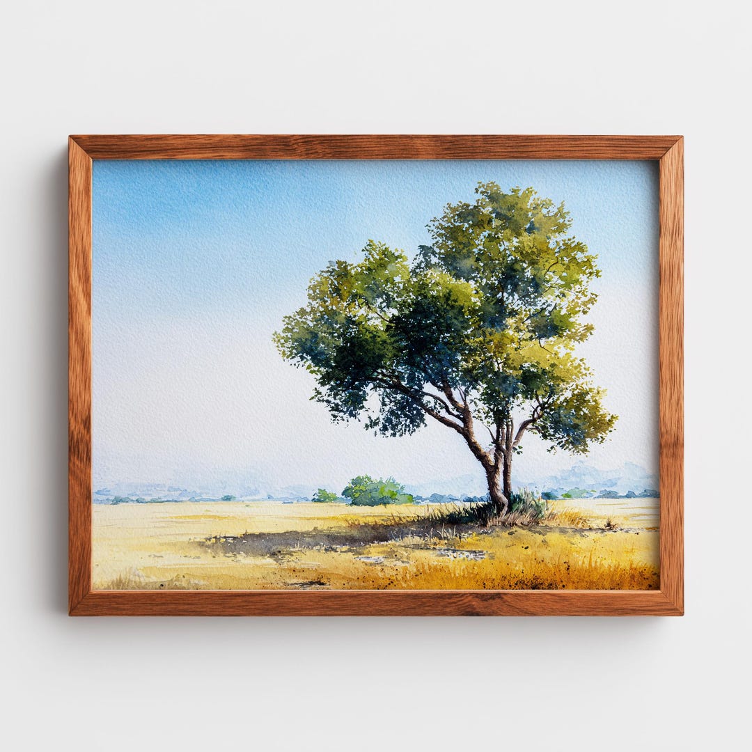 Moody Watercolor Tree Landscape in Golden Field - Rustic Pastoral ...