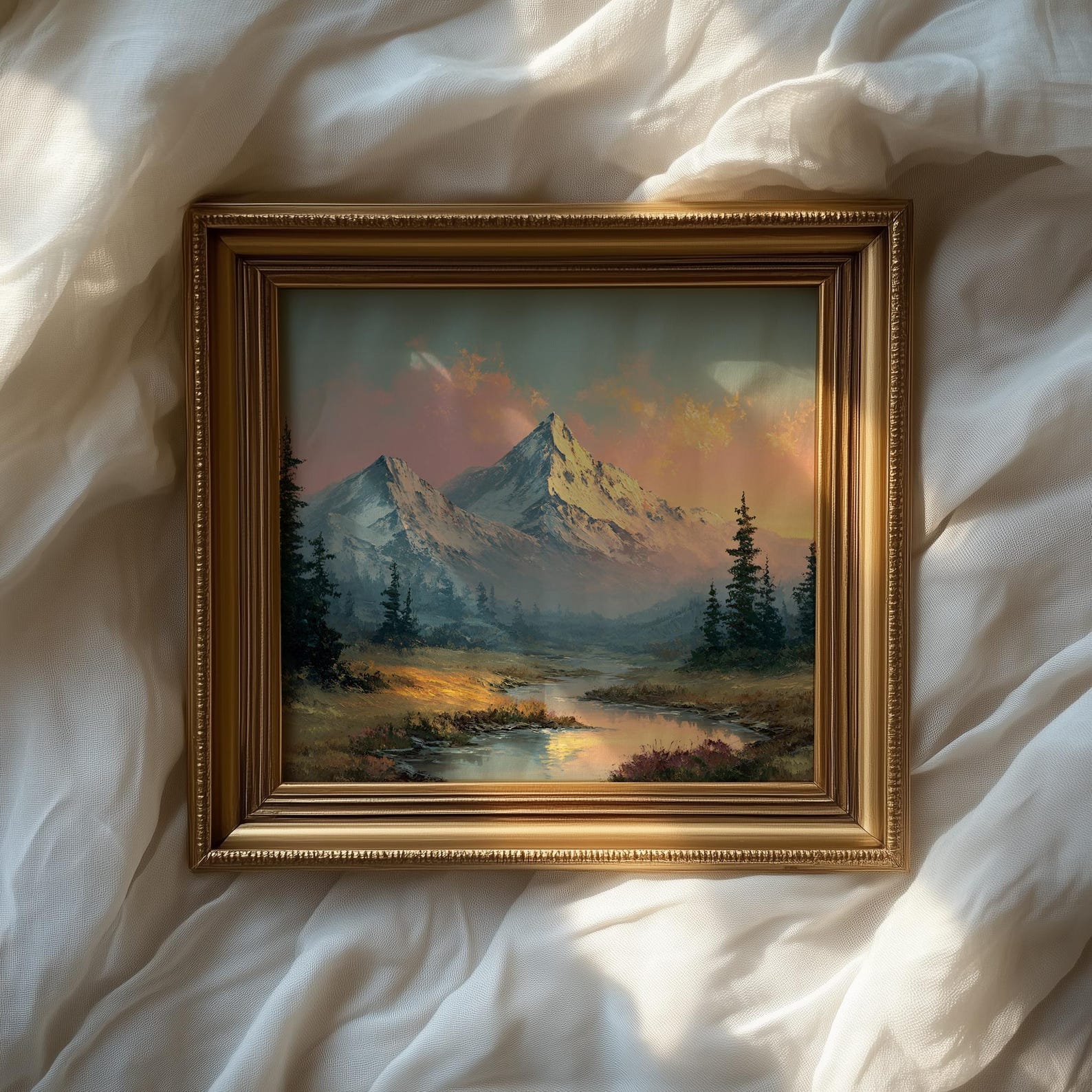 Rustic Snow-capped Mountain Peaks Painting - Cozy Valley Scene, Classic ...