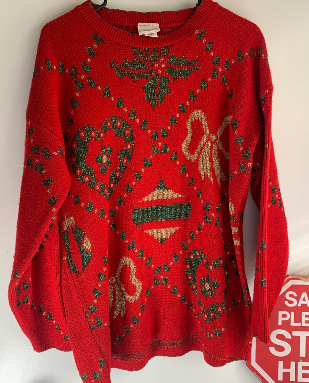 Vintage Christmas Ugly Tacky 80s Sweater Bows & Ornaments Medium Tinsel ...