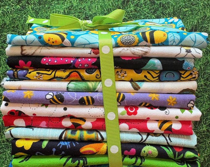 12 Fat Quarters of Cute Bug Fabrics, FREE Quilt Pattern Included, 100% ...