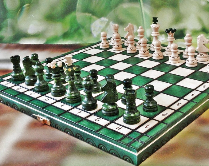 Green Chess Set 35 Cm X 35 Cm Travel Size Handcrafted Wooden Chess Set ...
