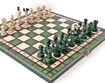 Green Chess Set 35 Cm X 35 Cm Travel Size Handcrafted Wooden Chess Set ...