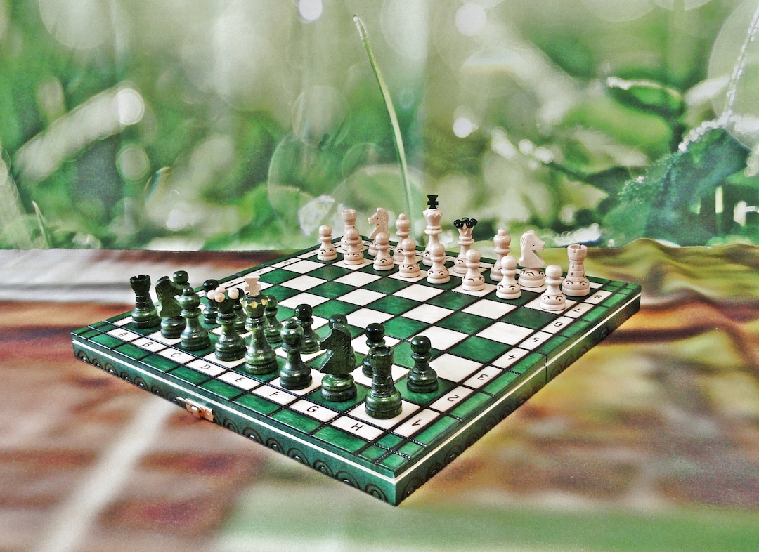 Green Chess Set 35 Cm X 35 Cm Travel Size Handcrafted Wooden Chess Set ...