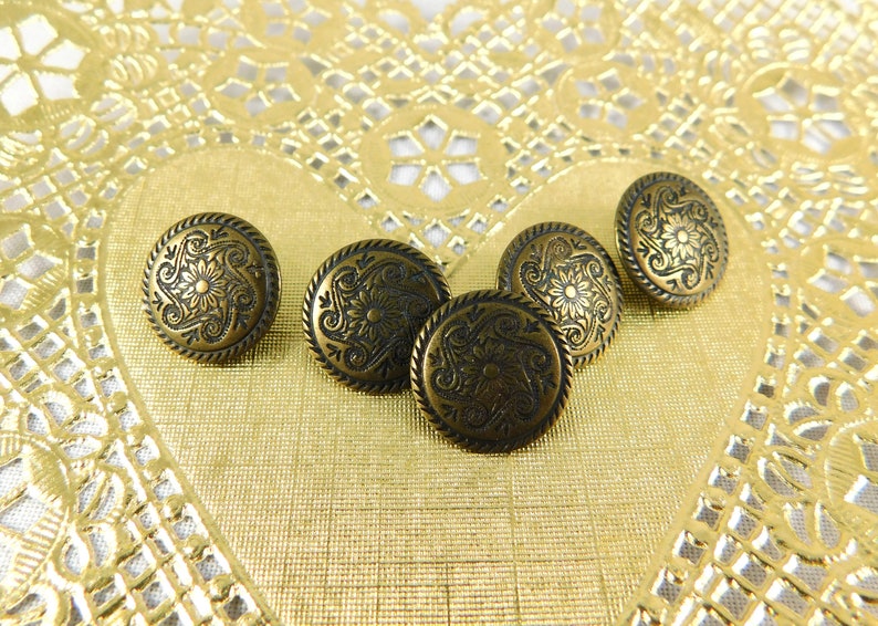 Set of Five 1950's Antique Brass Buttons W/stylized Floral Designs ...