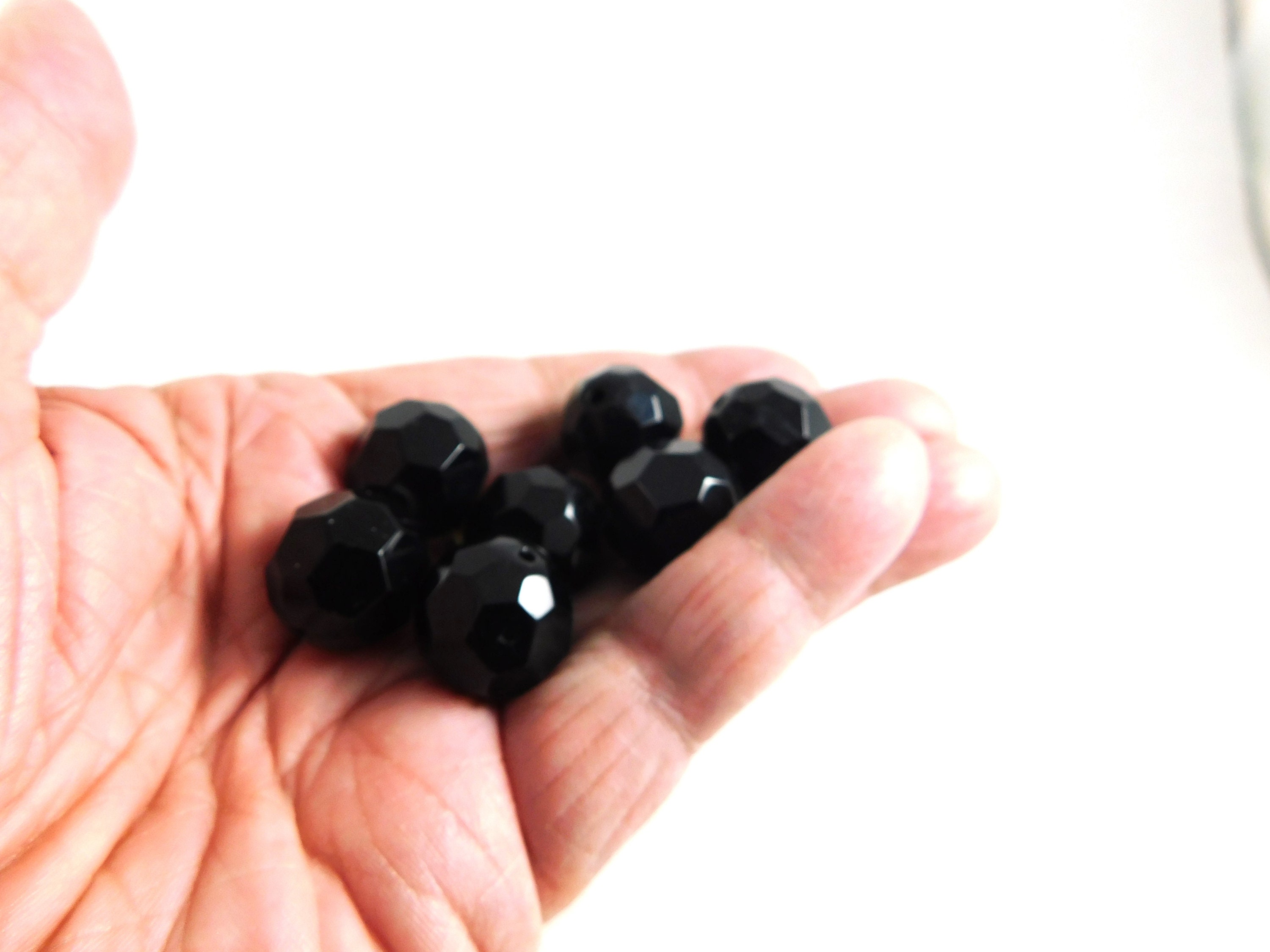 Vintage Black Faceted French Jet Glass Bead Lot-7 Pcs., 14mm, 1930's ...