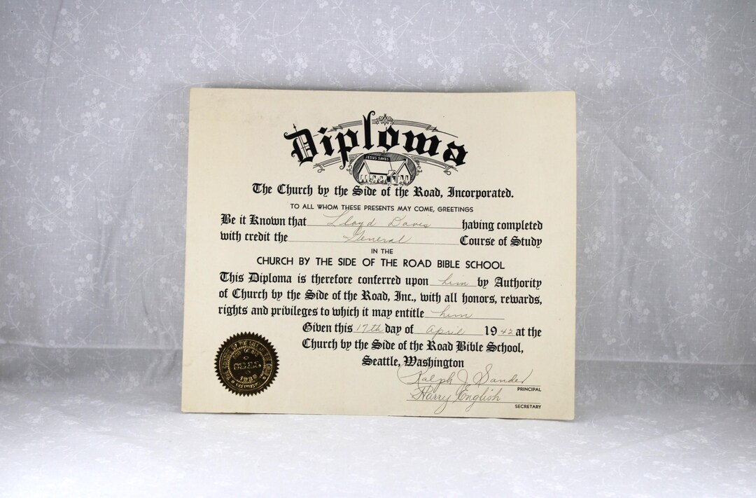Vintage 1942 WWII Era Diploma: Church by the Side of the Road Ephemera ...