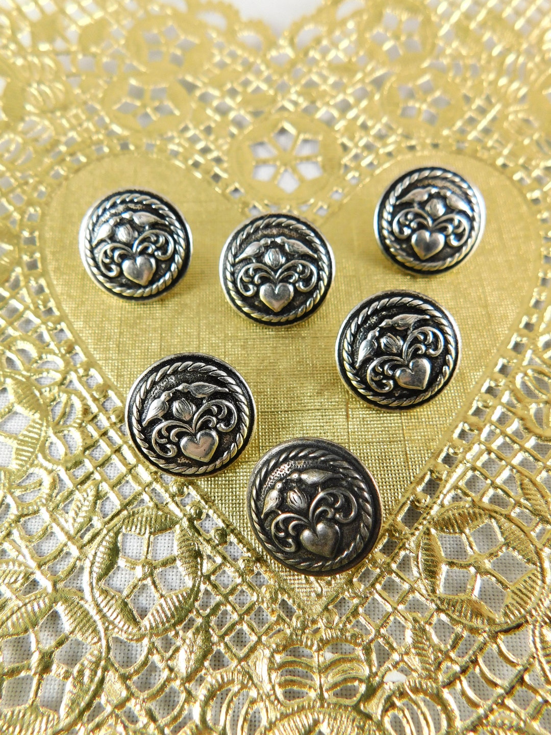 Set of Six 1960's Vintage Silver Buttons W/raised Hearts, Vines & Two ...