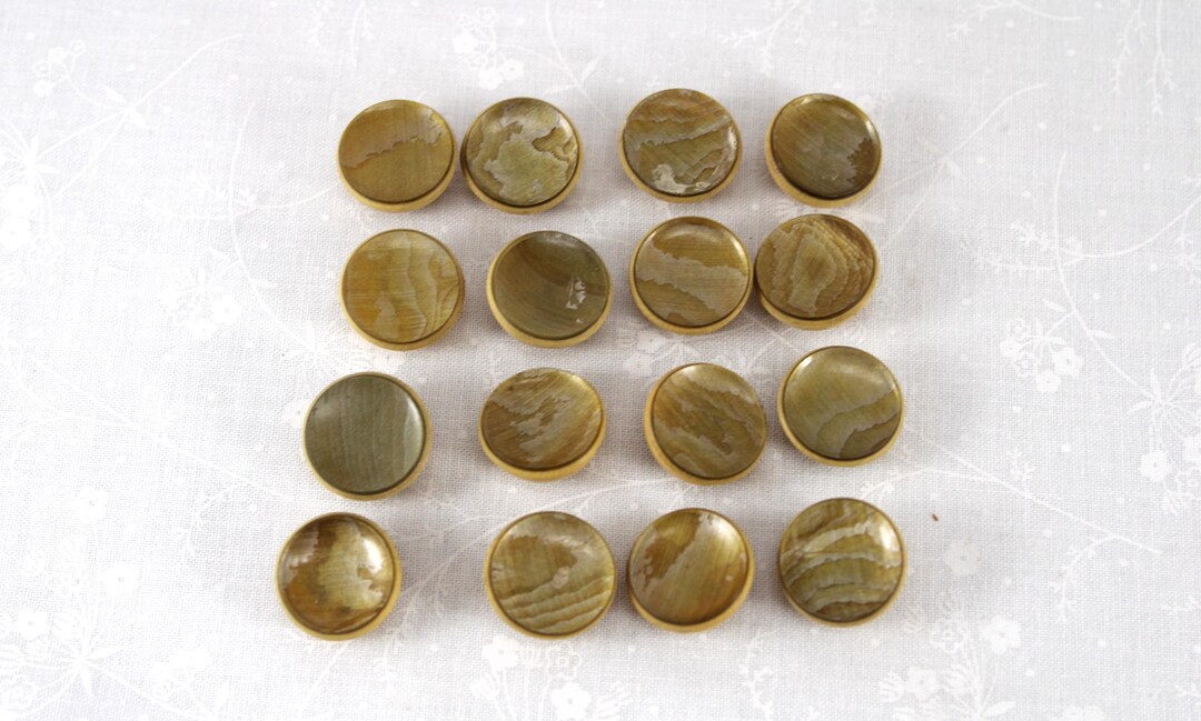 Antique 1900 to 1914/WWI, Pyralin Button Lot: 16 Pcs. Brassy Woodgrain ...