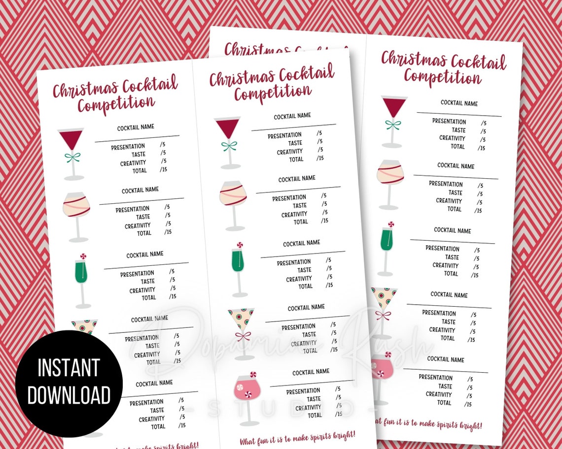 Printable Christmas Cocktail Competition 4.25 X 11” Score Card for 5 ...