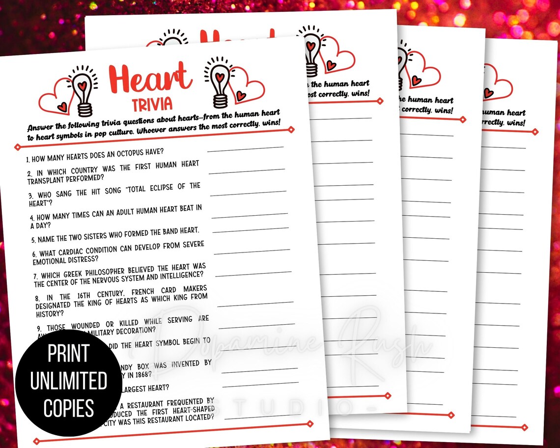 Printable Heart Trivia, Valentines Day Games, Valentine Trivia, Heart ...