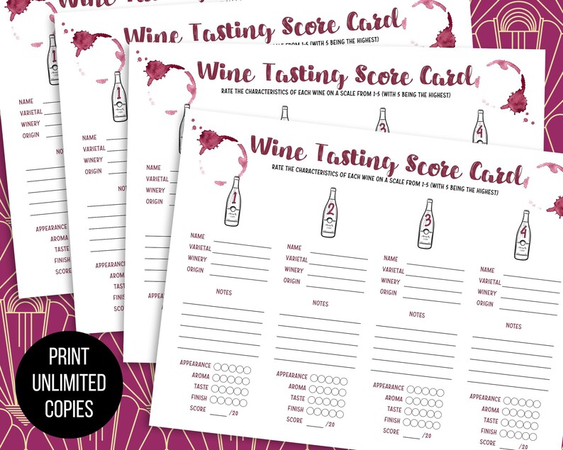Printable Wine Tasting Score Card, Score Card for 4 Wines, Wine Tasting ...