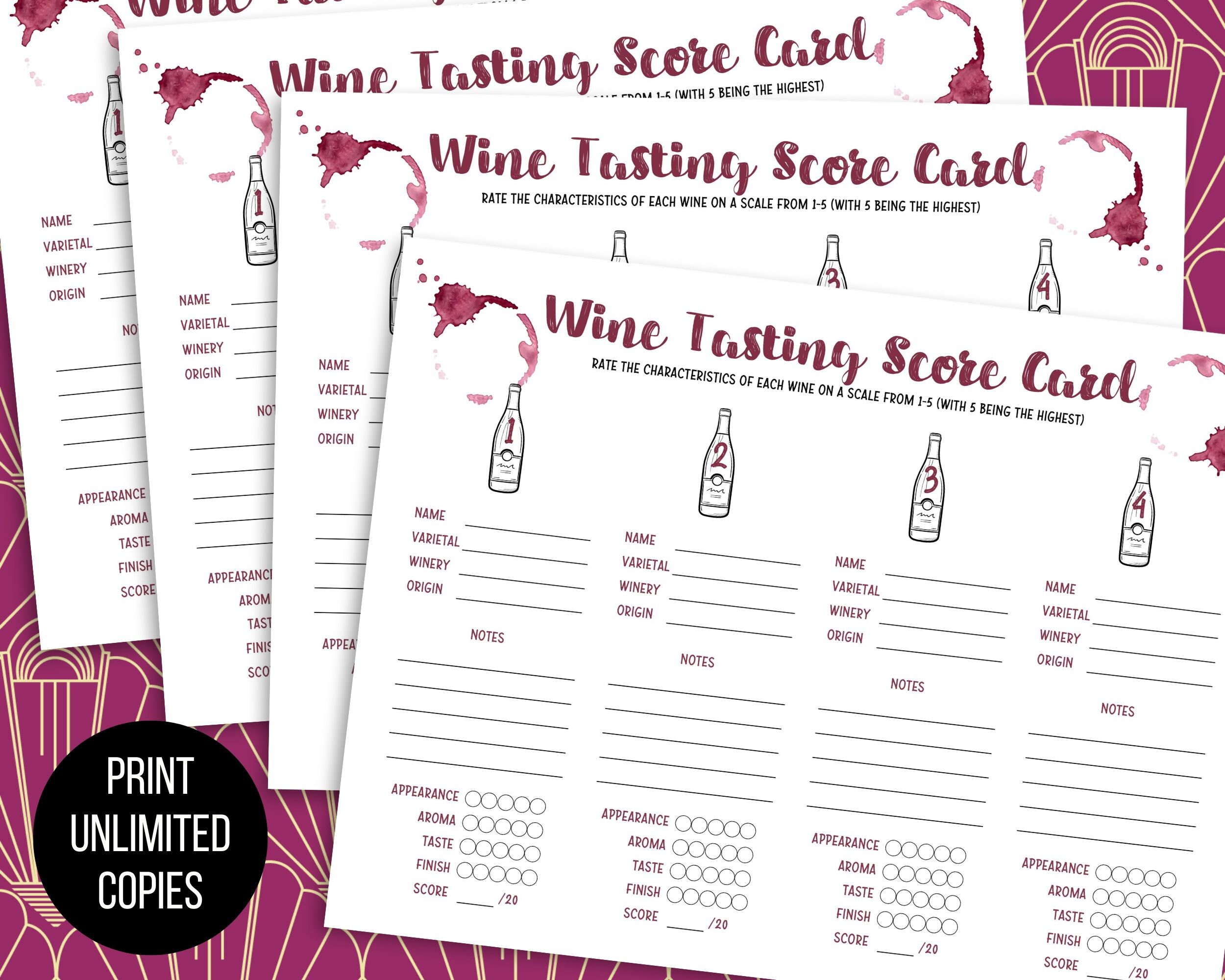Printable Wine Tasting Score Card, Score Card for 4 Wines, Wine Tasting ...