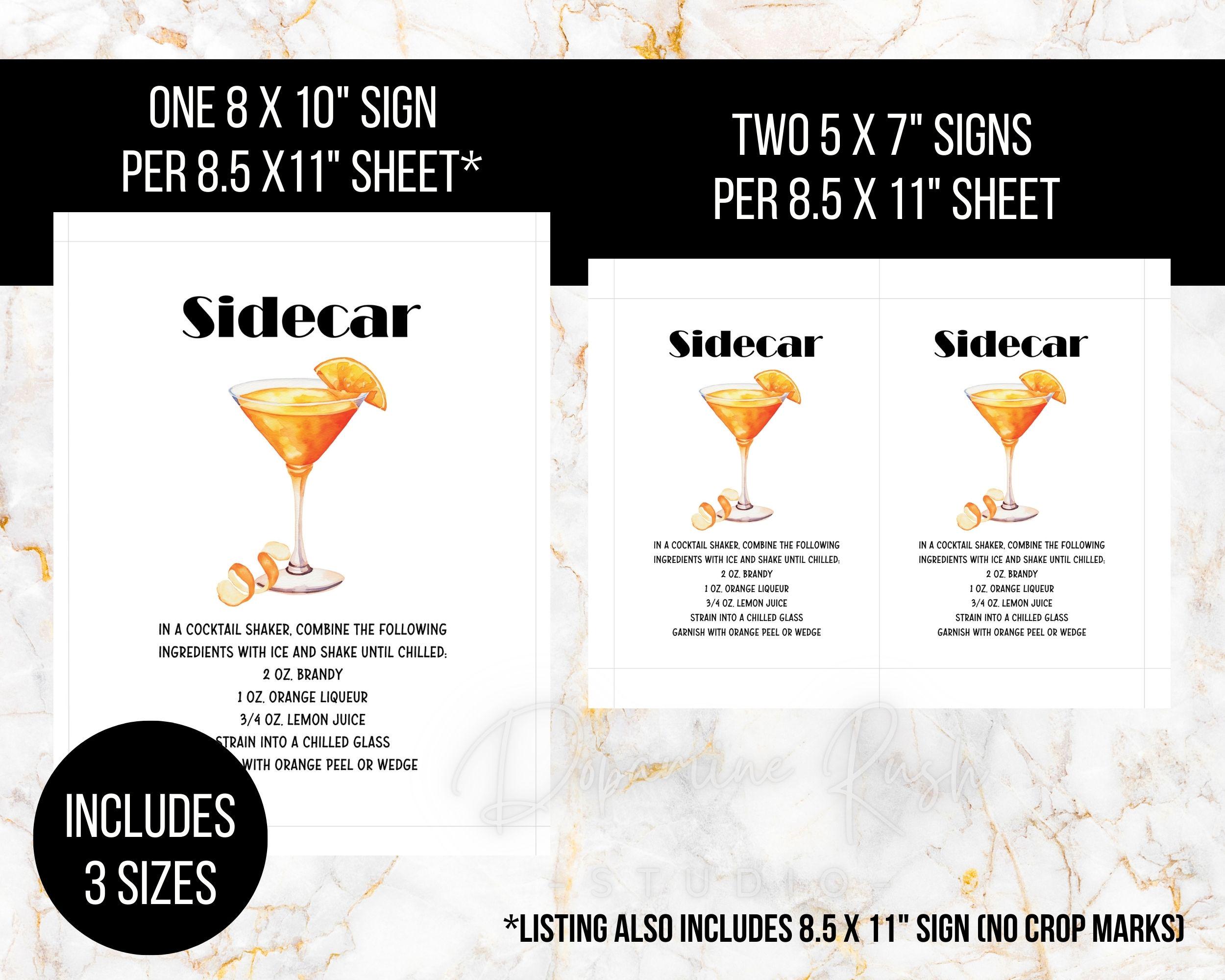 Printable Self-serve Sidecar Cocktail 8x10” Sign, Sidecar Recipe Cards ...