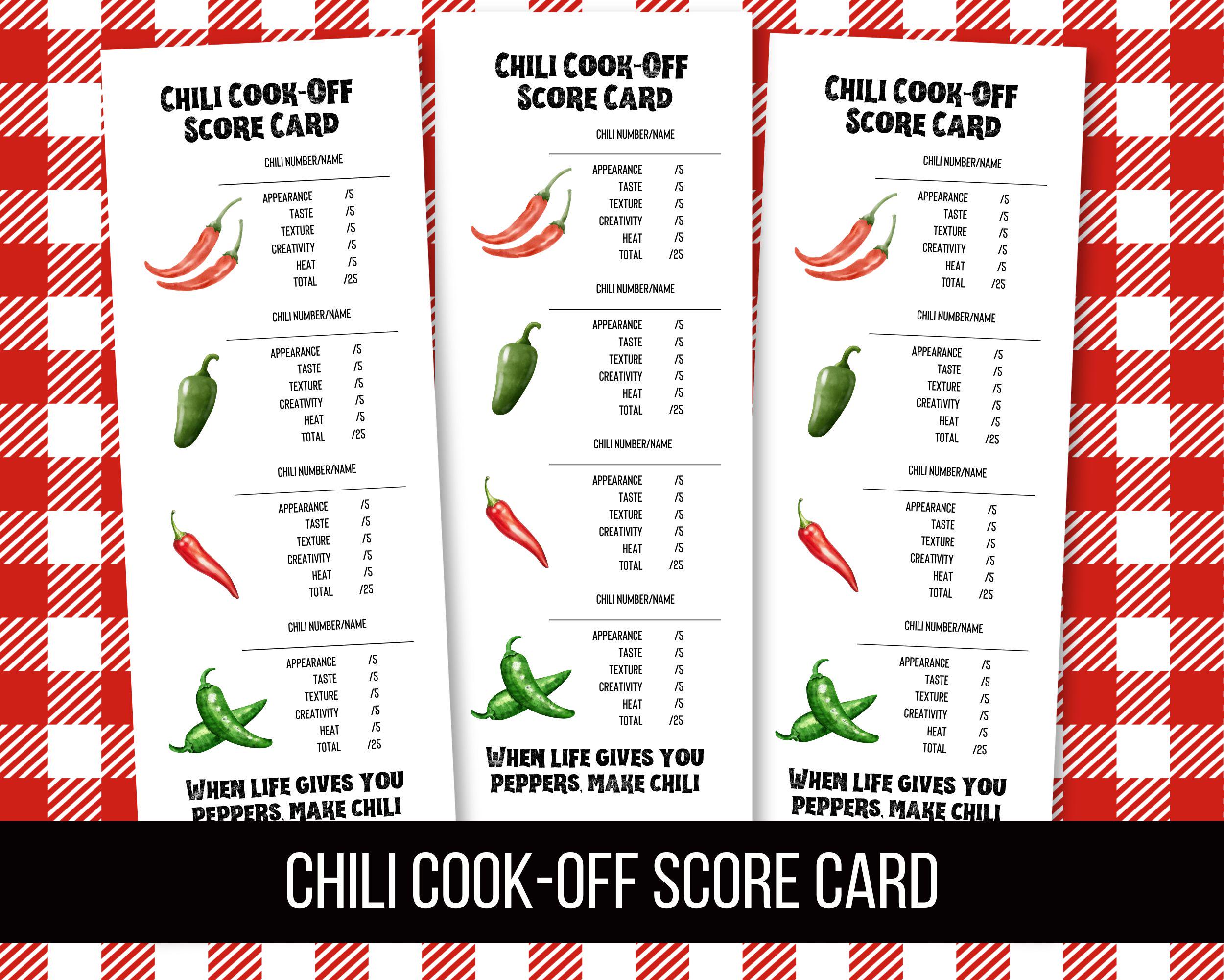Printable Chili Cook-off 4.25 X 11” Score Card for 4+ Chilis, Chili ...