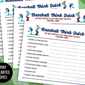 Printable Baseball Think Quick Game, Baseball Games, Baseball-themed ...