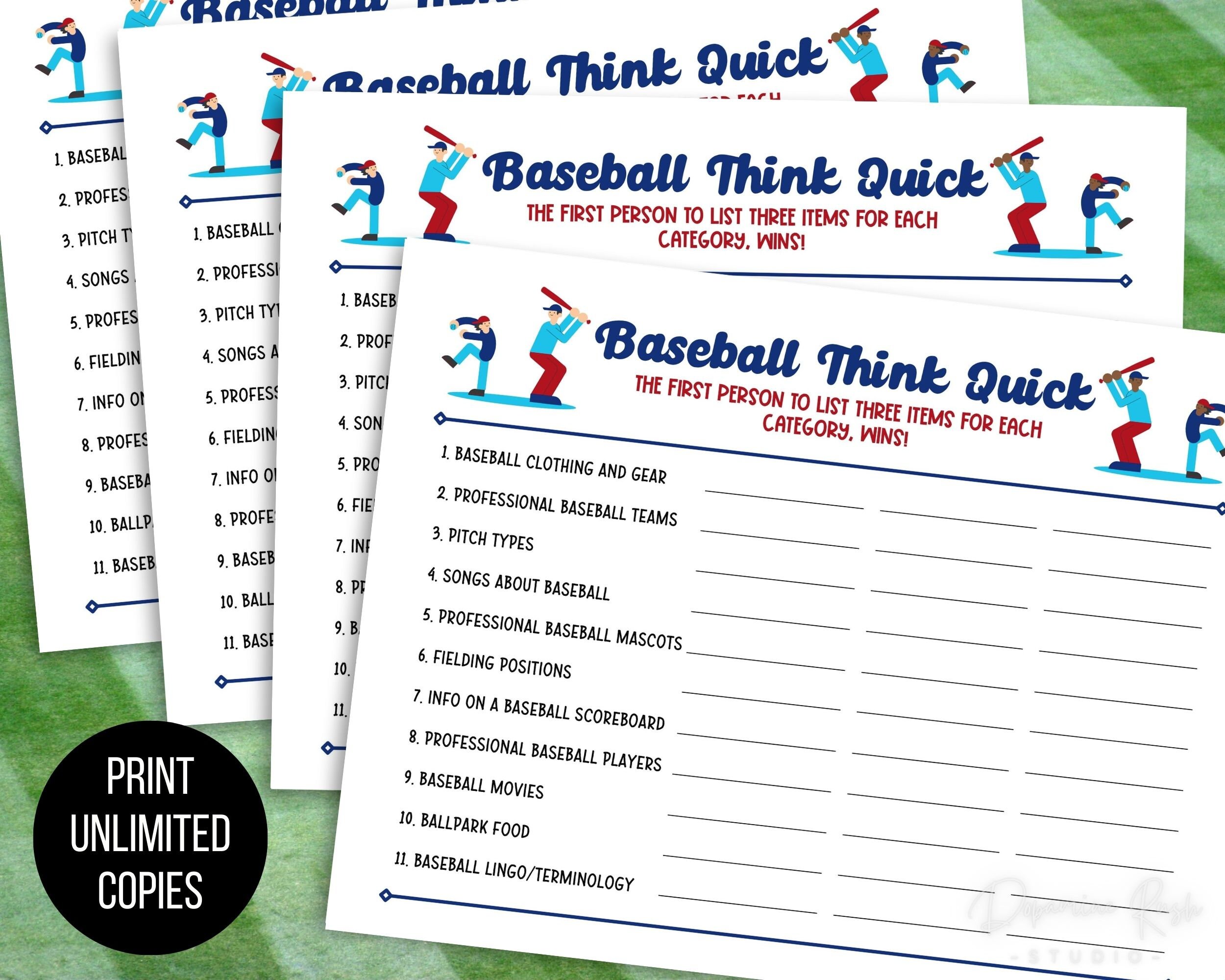 Printable Baseball Think Quick Game, Baseball Games, Baseball-themed ...