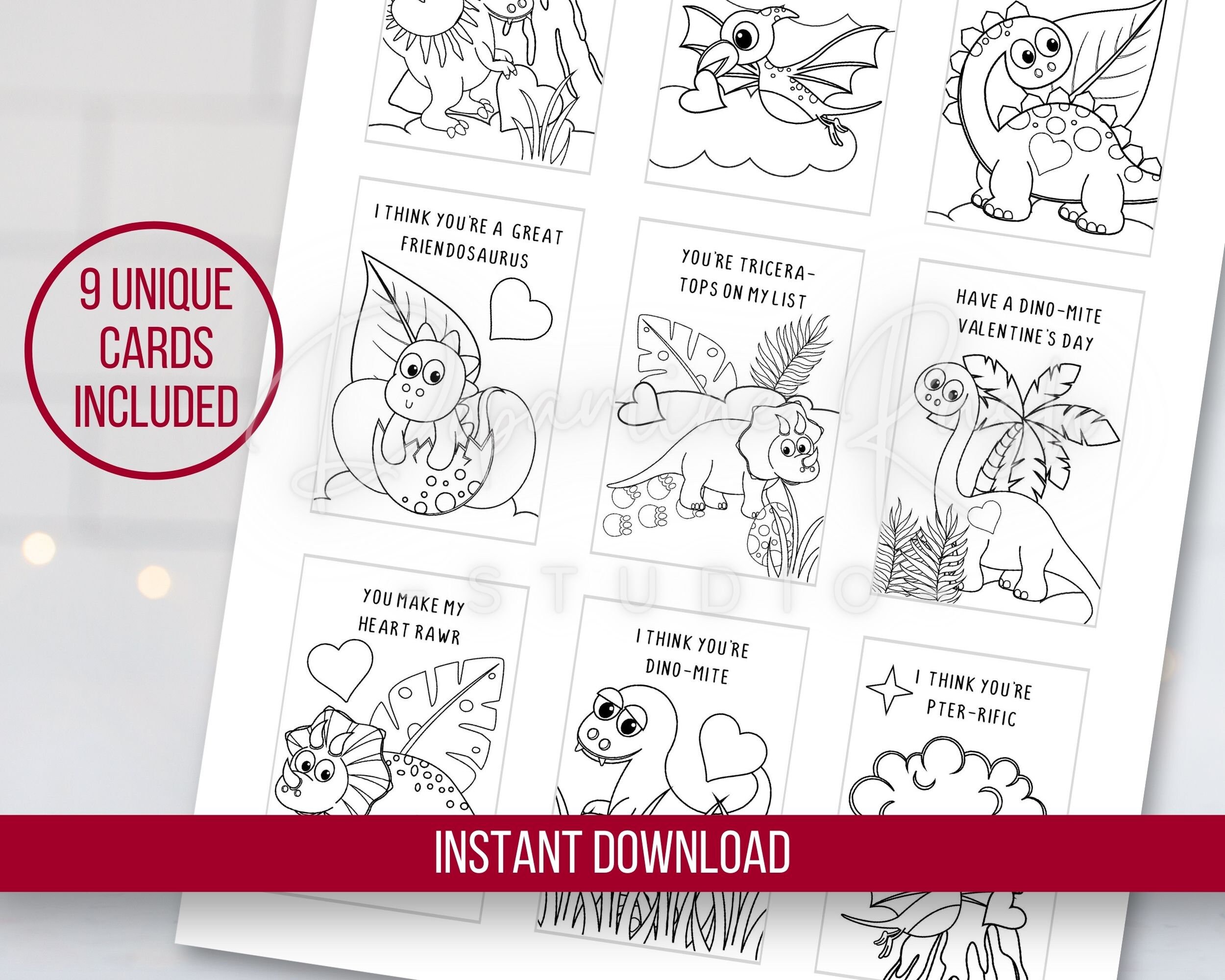 Printable Valentines Day Coloring Cards Dinosaur Coloring - Etsy