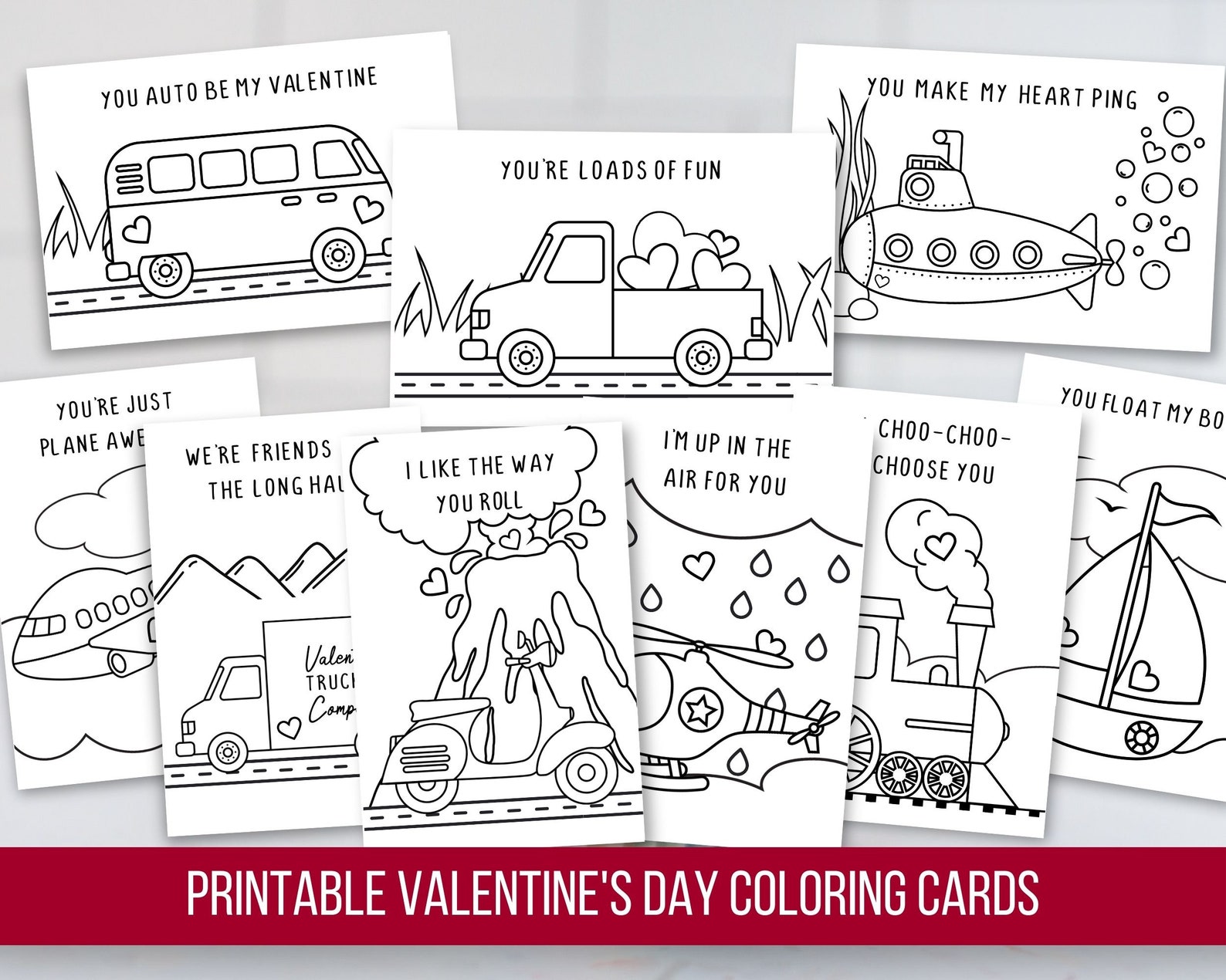 Printable Valentine’s Day Coloring Cards, Transportation Coloring Cards ...