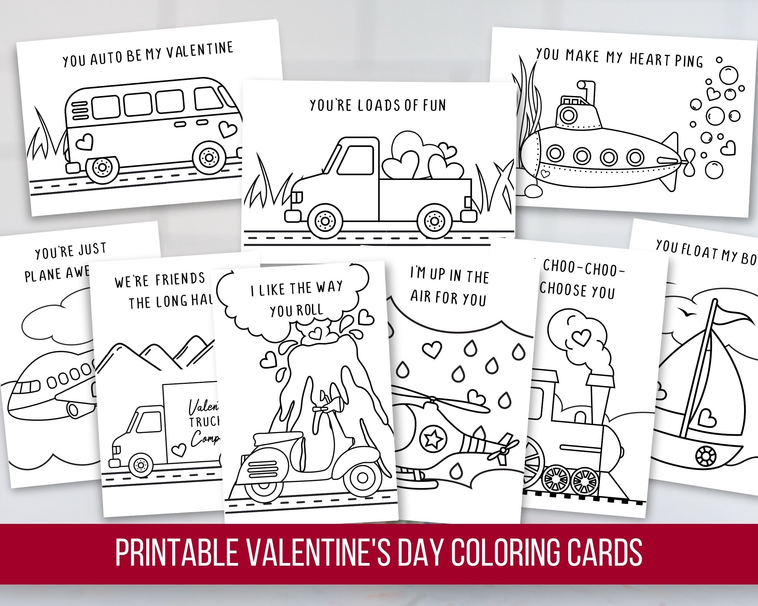 Printable Valentines Day Coloring Cards, Transportation Coloring Cards ...