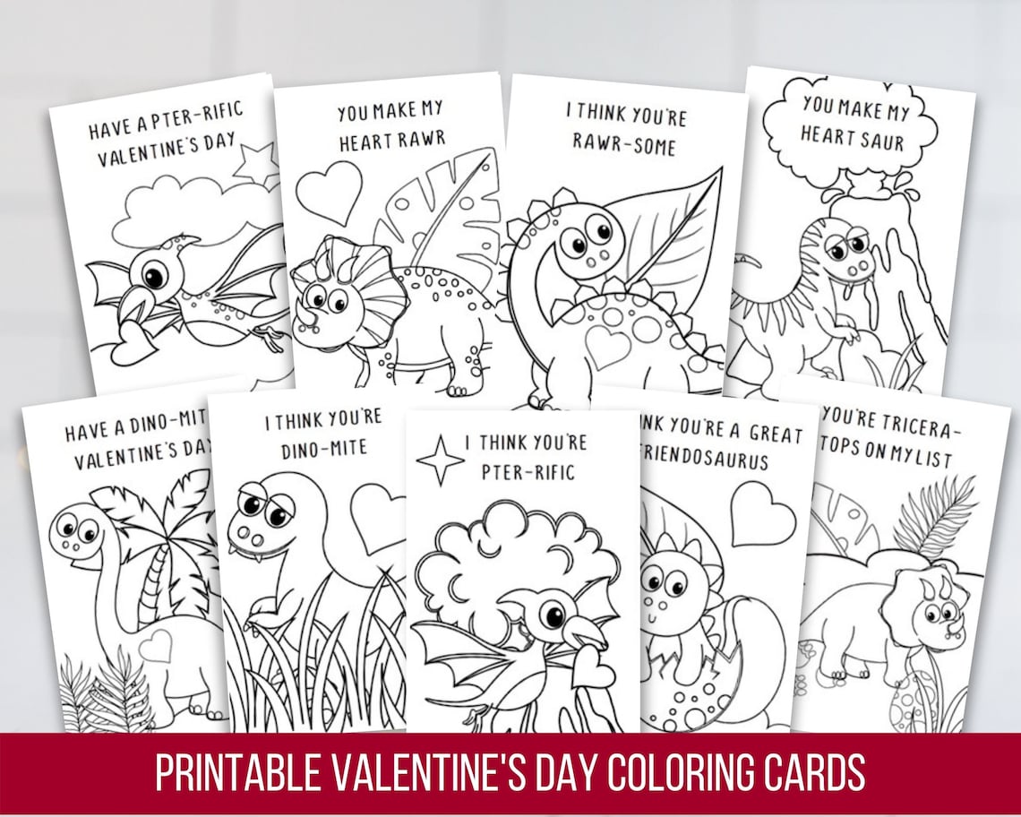 Printable Valentine’s Day Coloring Cards, Dinosaur Coloring Cards ...