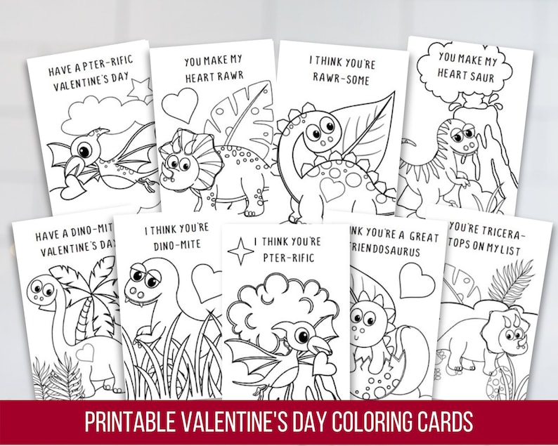 Printable Valentines Day Coloring Cards Dinosaur Coloring | Etsy