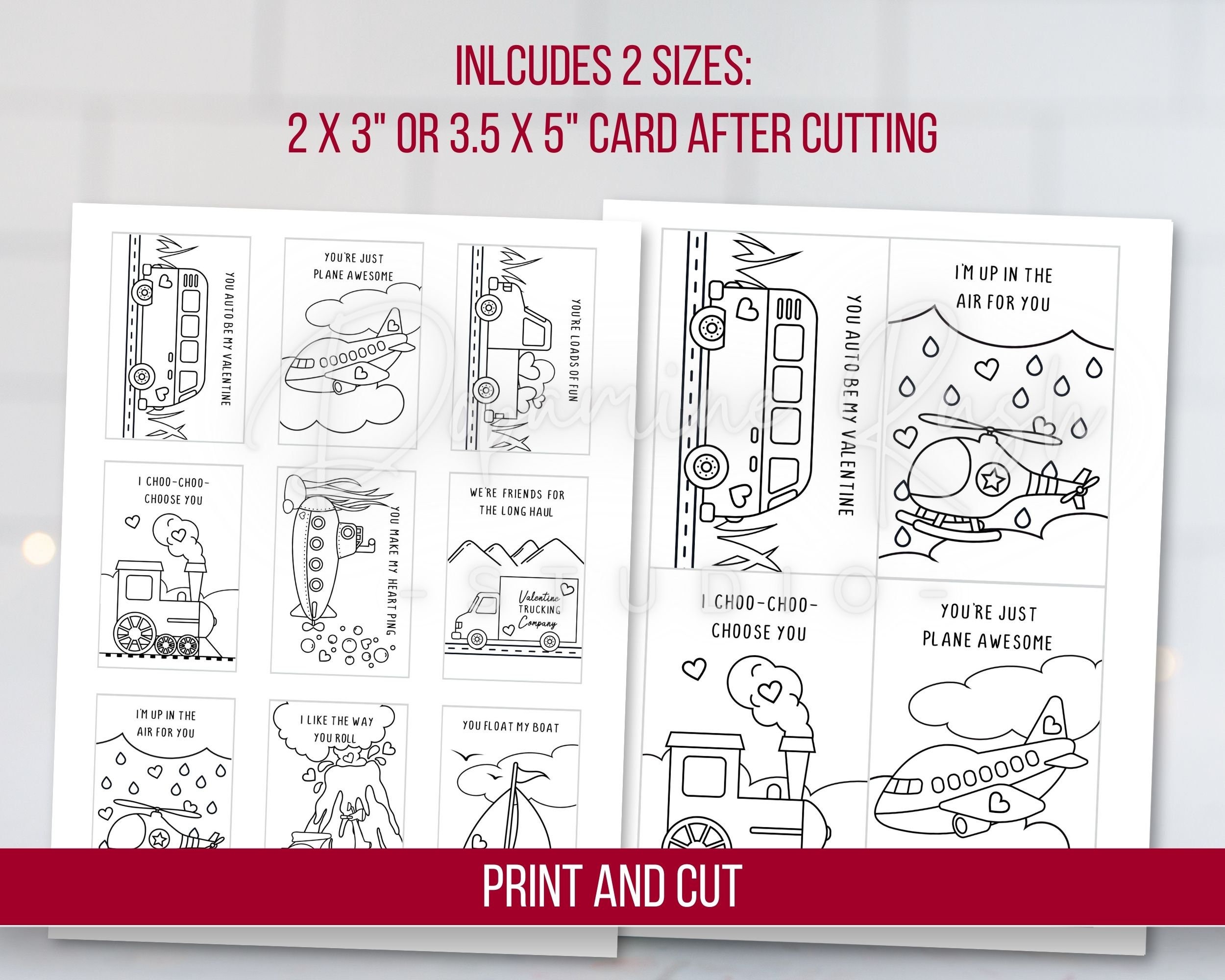 Printable Valentines Day Coloring Cards, Transportation Coloring Cards ...