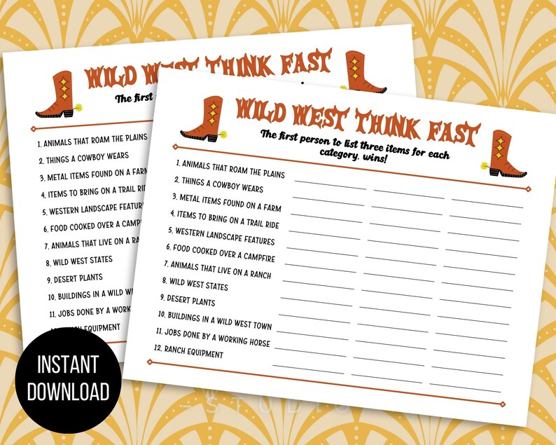 Printable Wild West Think Fast Game, Western Theme Party Games, Cowboy ...