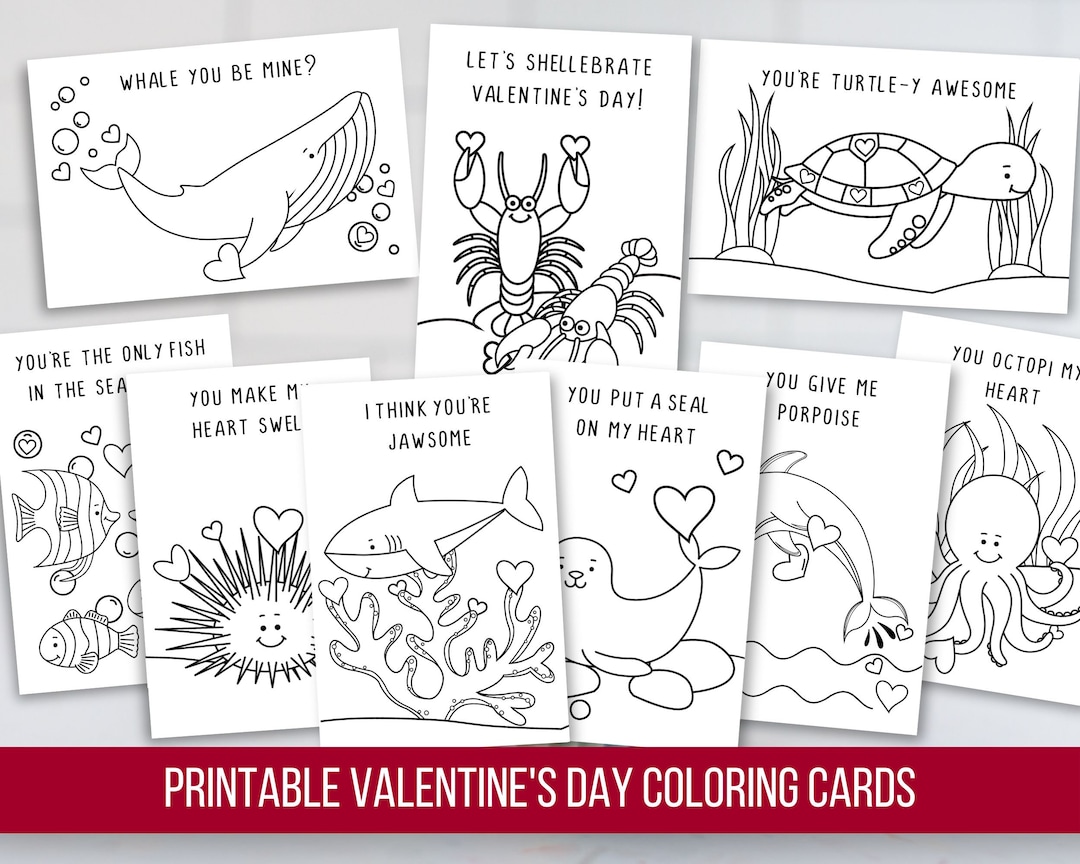 Printable Valentine’s Day Coloring Cards, Marine Animals Coloring Cards ...
