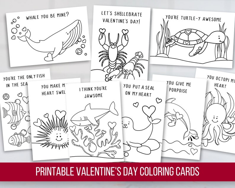 Printable Valentine’s Day Coloring Cards, Marine Animals Coloring Cards ...