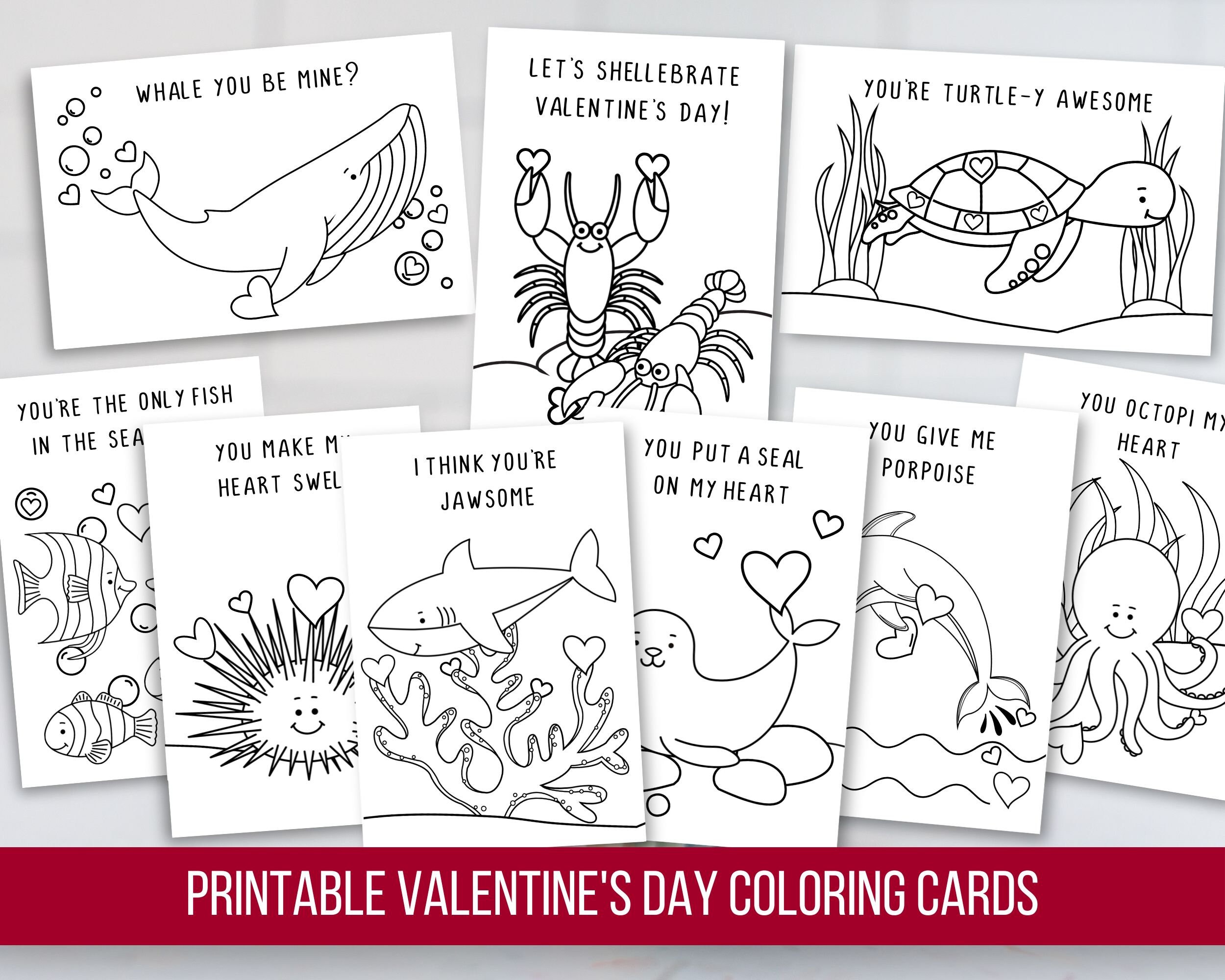 Printable Valentine’s Day Coloring Cards, Marine Animals Coloring Cards ...