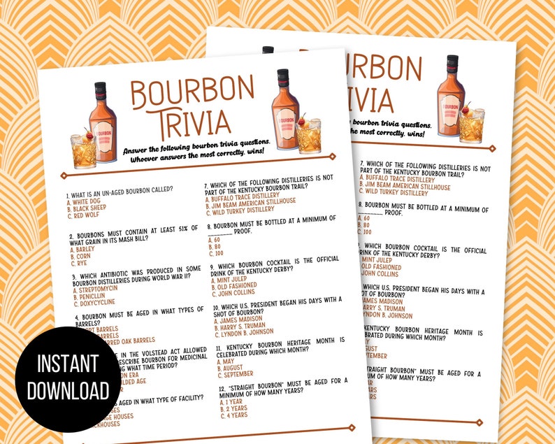 Printable Bourbon Trivia, Bourbon Tasting Games, Whiskey Games, Bourbon ...
