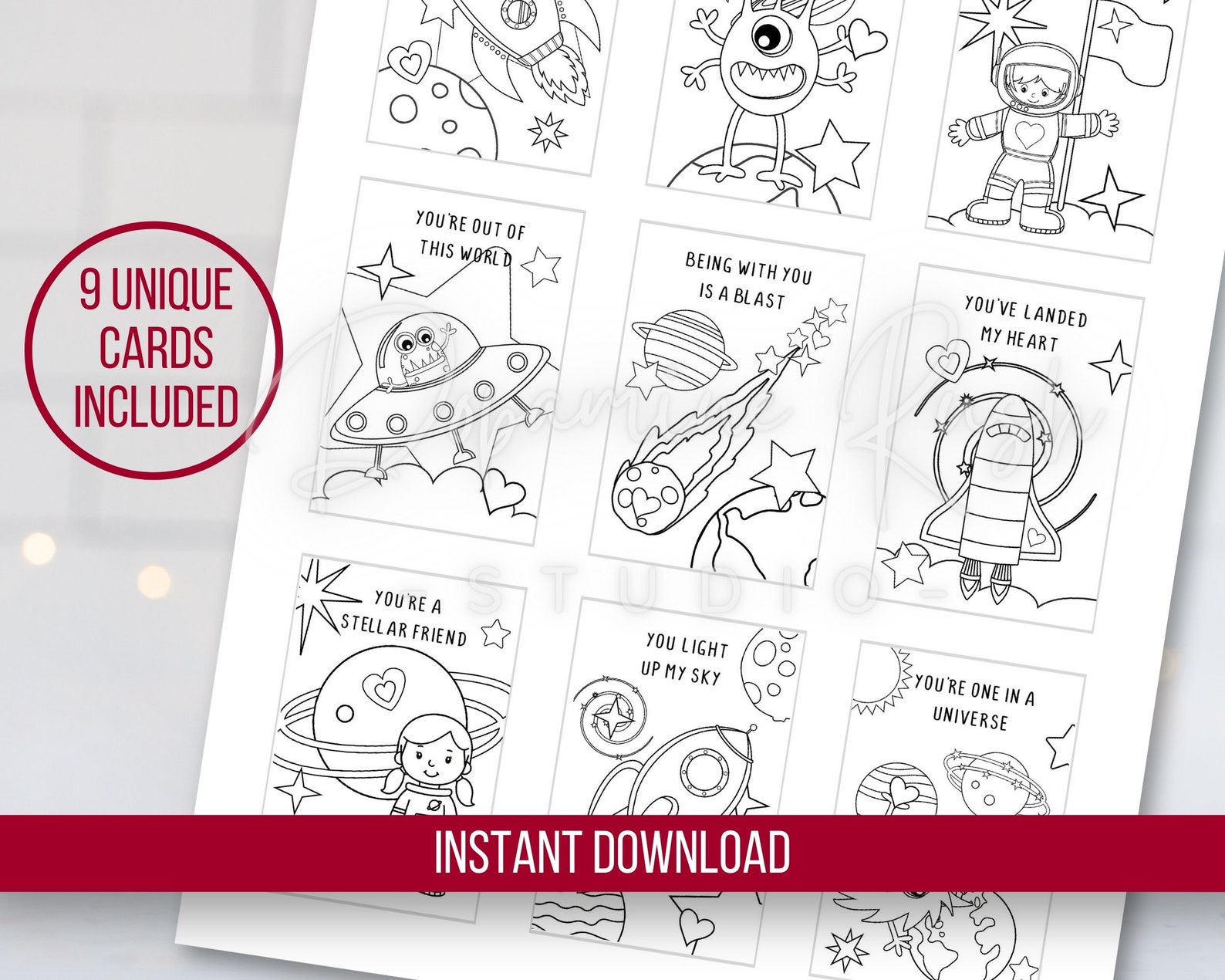 Printable Valentine’s Day Coloring Cards, Outer Space Coloring Cards ...