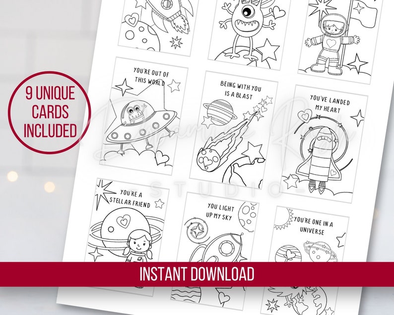 Printable Valentine’s Day Coloring Cards, Outer Space Coloring Cards ...