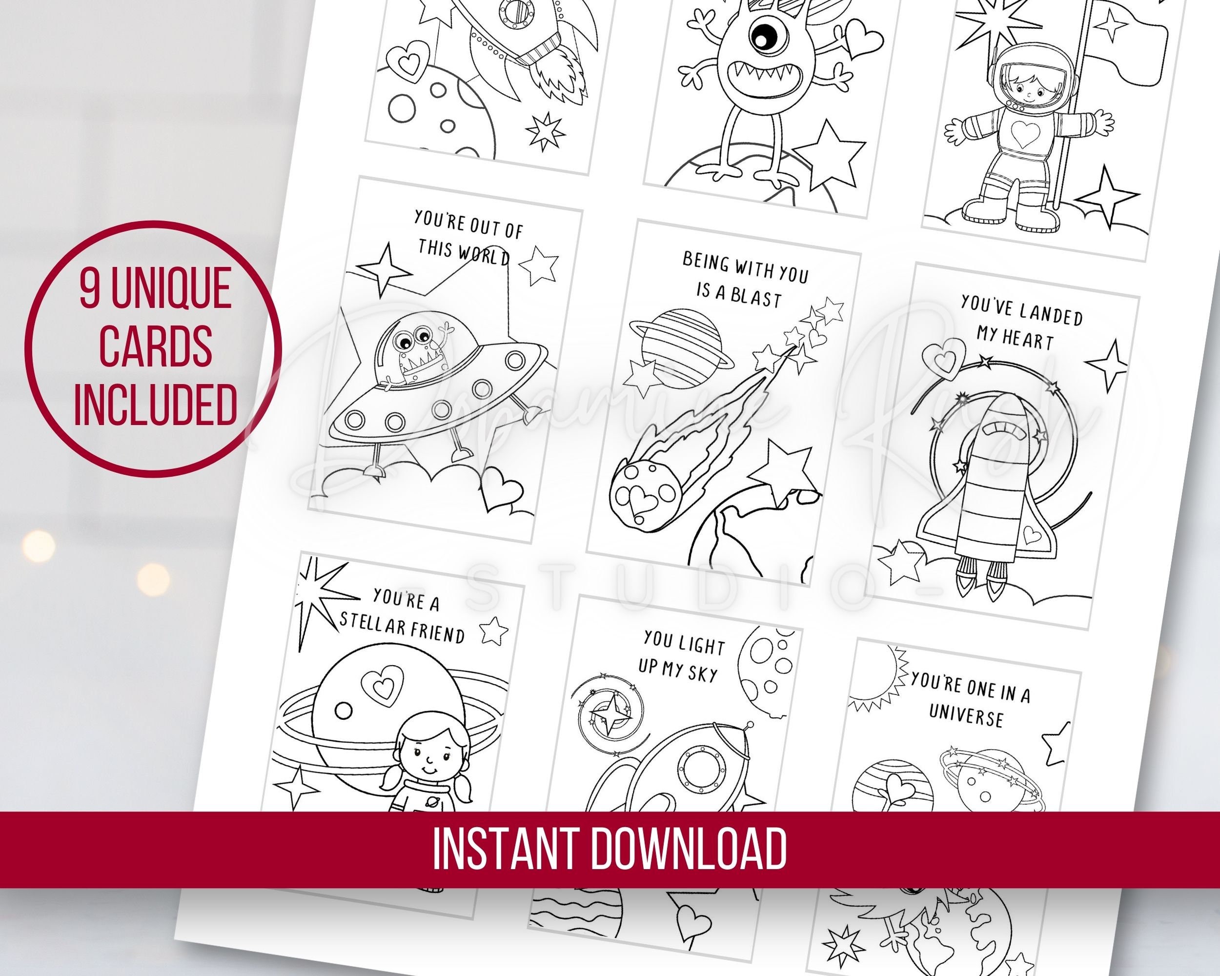 Printable Valentines Day Coloring Cards, Outer Space Coloring Cards ...
