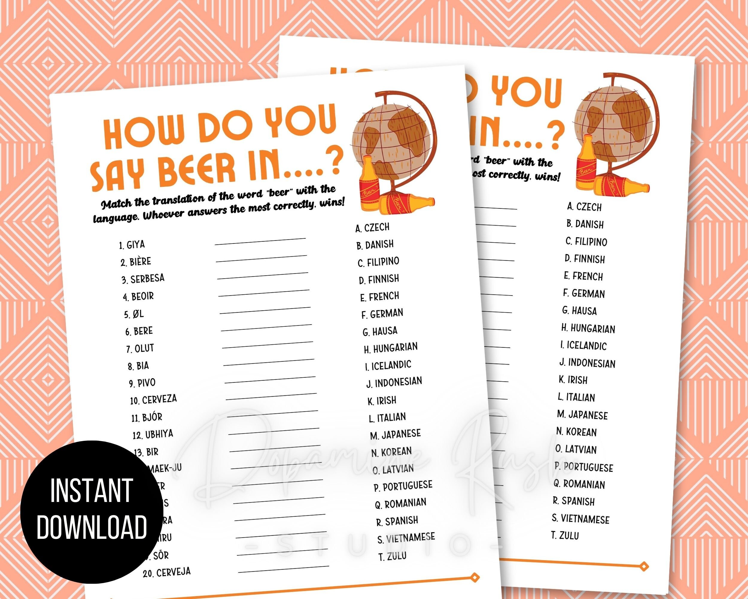 Printable Beer in Different Languages Match-up Game, Beer Games ...