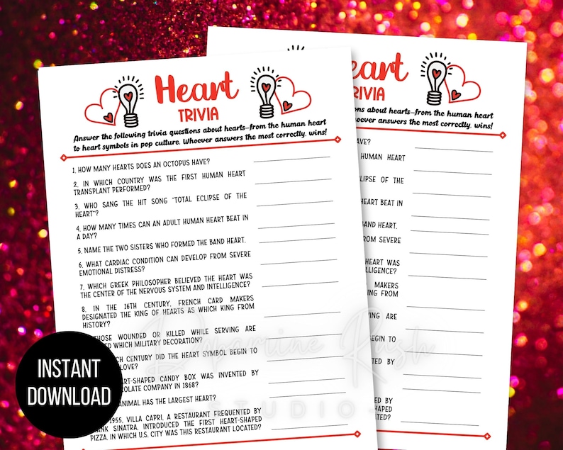 Printable Heart Trivia, Valentine’s Day Games, Valentine Trivia, Heart ...
