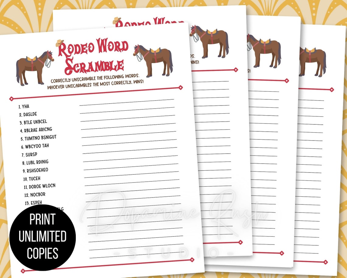 Printable Rodeo Word Scramble, Western-theme Party Games, Kids Rodeo ...