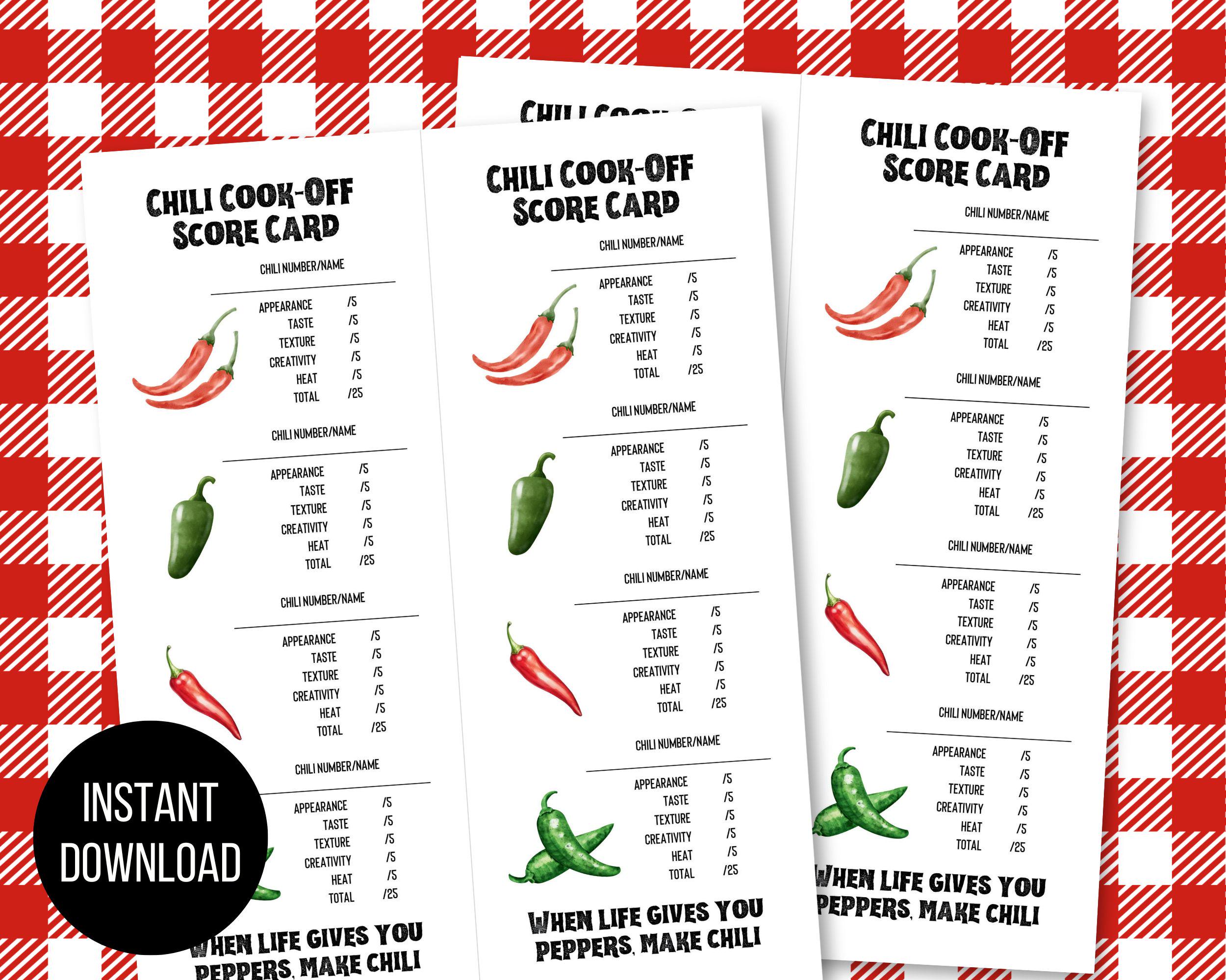 Printable Chili Cook-off 4.25 X 11” Score Card for 4+ Chilis, Chili ...