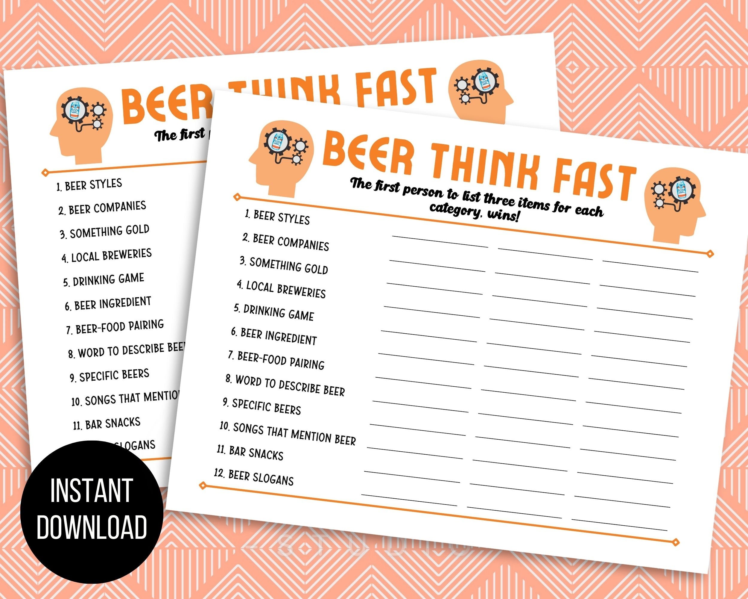 Printable Beer Think Fast, Beer Games, Printable Trivia Games, Brewery ...