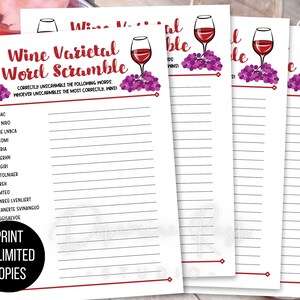 Printable Wine Varietal Word Scramble, Wine Party Games, Printable Wine ...