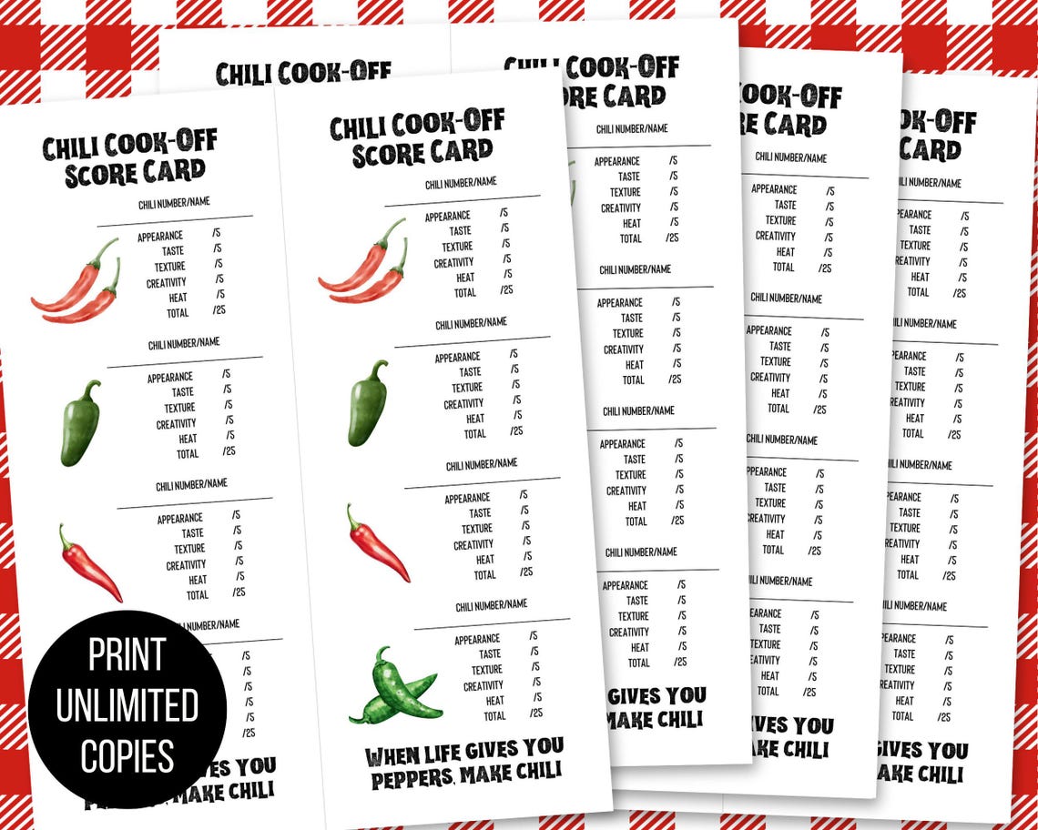 Printable Chili Cook-off 4.25 X 11” Score Card for 4+ Chilis, Chili ...