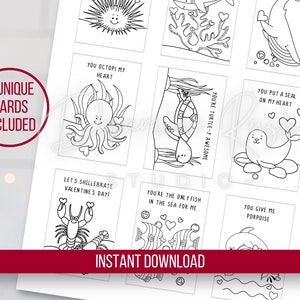 Printable Valentine’s Day Coloring Cards, Marine Animals Coloring Cards ...