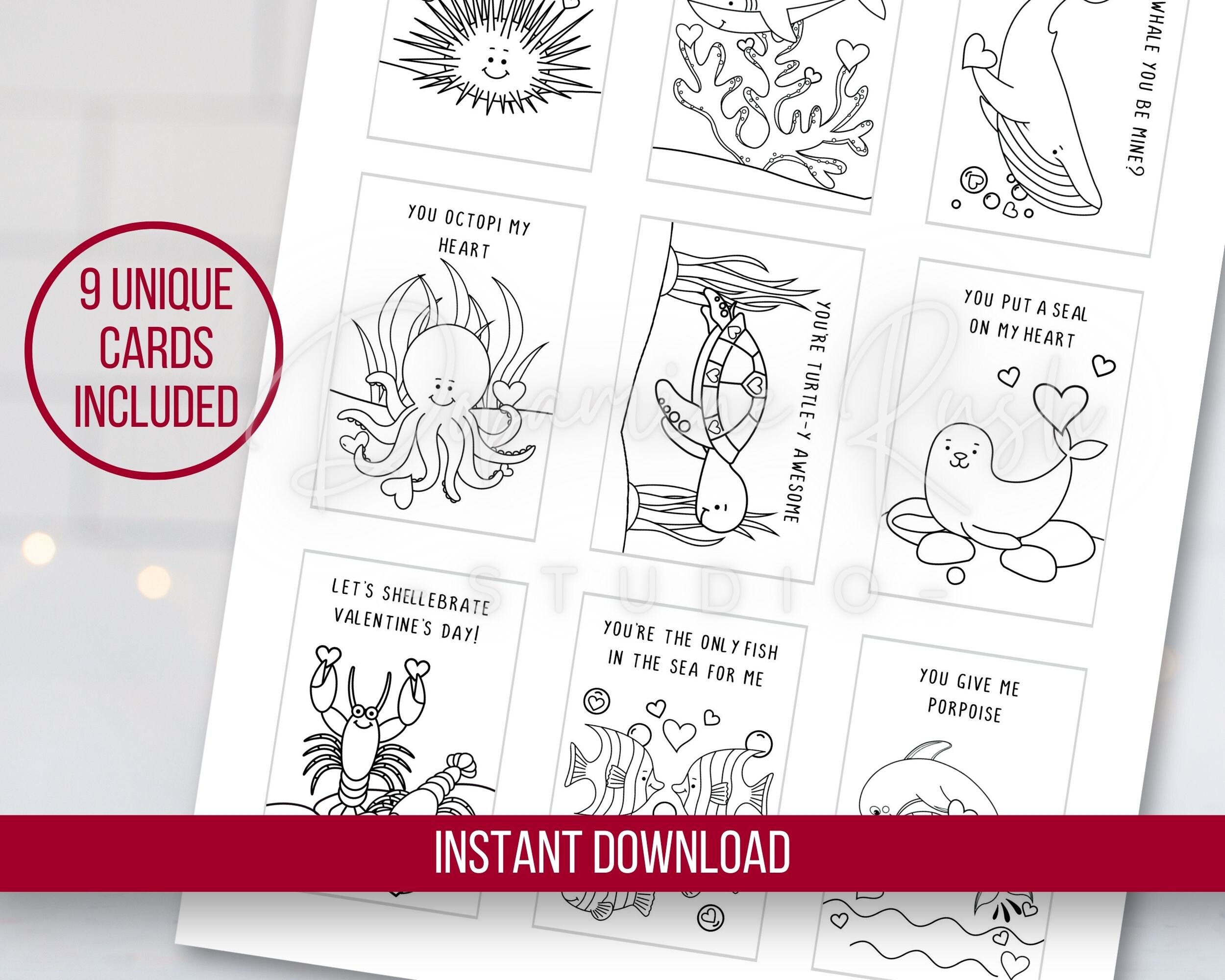 Printable Valentines Day Coloring Cards, Marine Animals Coloring Cards ...